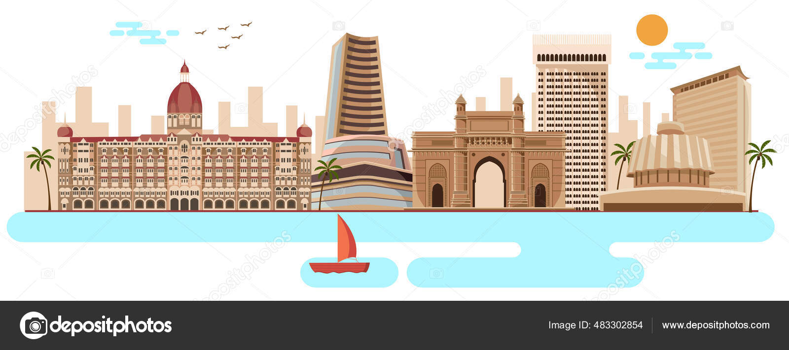 Mumbai Famous Monuments Skyline Vector Illustration Stock Vector Image ...