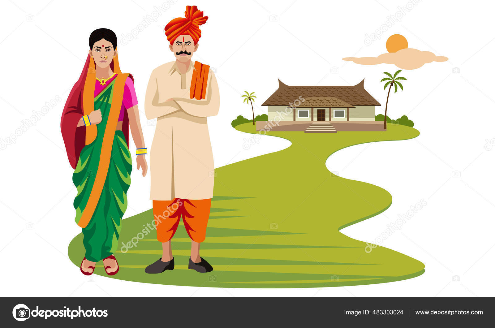 Maharashtra Man Woman Traditional Dress Standing Front Rural Home