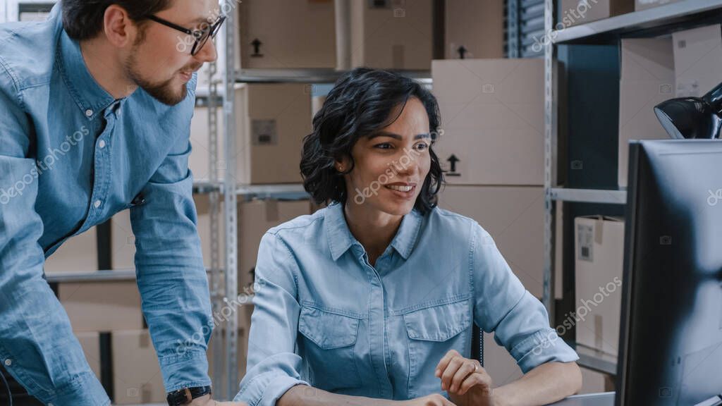 Gerentes de inventario de almacenes masculinos y femeninos hablando ...