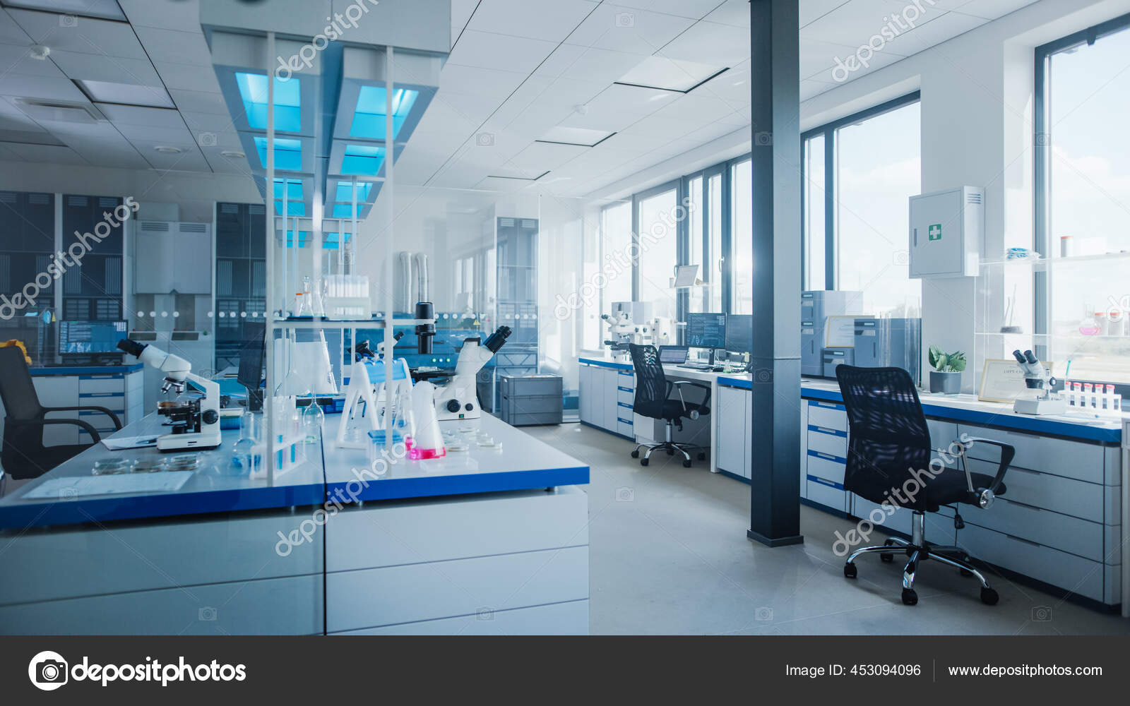 Modern Medical Research Laboratory with Computer, Microscope, Glassware ...