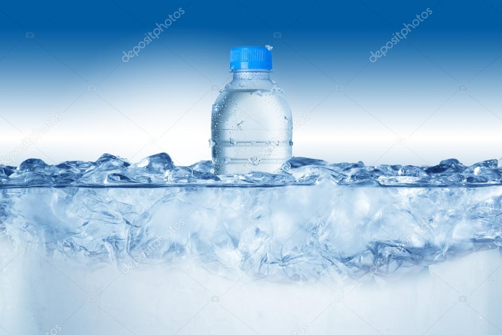 Botella de agua fría en cubitos de hielo 2022
