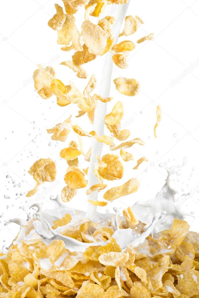 Corn Flakes Falling into Milk Splash — Stock Photo © somchaij #77226693