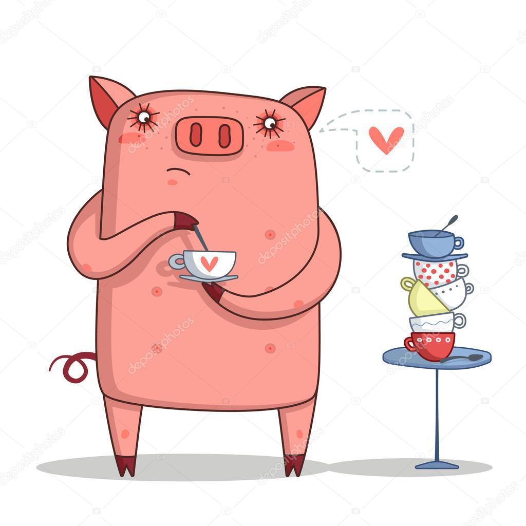 Cute cartoon pig with tea or coffee Stock Vector Image by ...