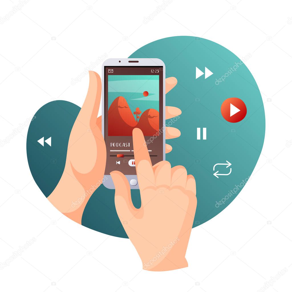 Manos con smartphone. Podcast, radiodifusi n, m sica, audio libro, E-learning, concepto de ...