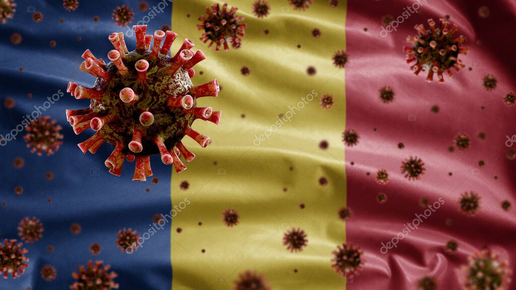 3D, Flu coronavirus flotando sobre bandera rumana, un patógeno que ...
