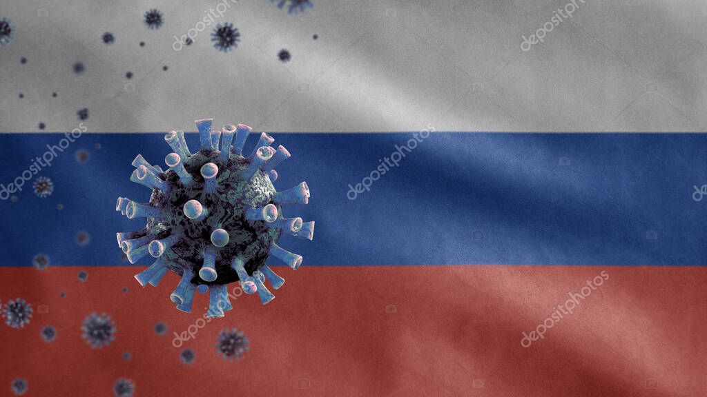 3D, bandera rusa ondeando y Coronavirus 2019 nCov concepto. Brote ...