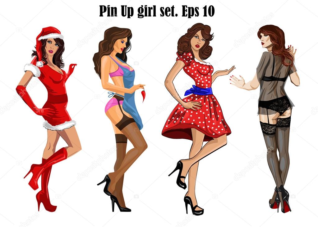 Set Of Retro Sexy Pinup Girls Illustration Isolated On White Stock