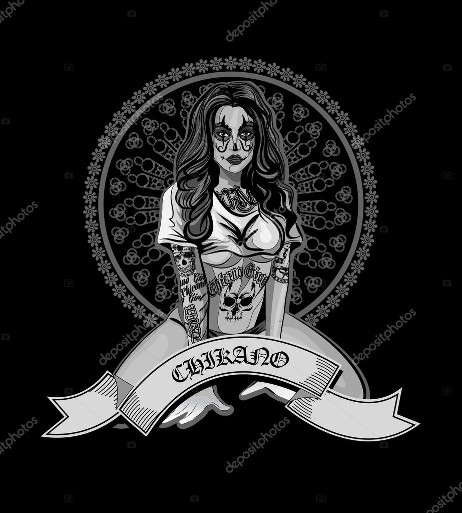 Vector illustration of a beautiful woman.Chicano tatoo style Stock ...