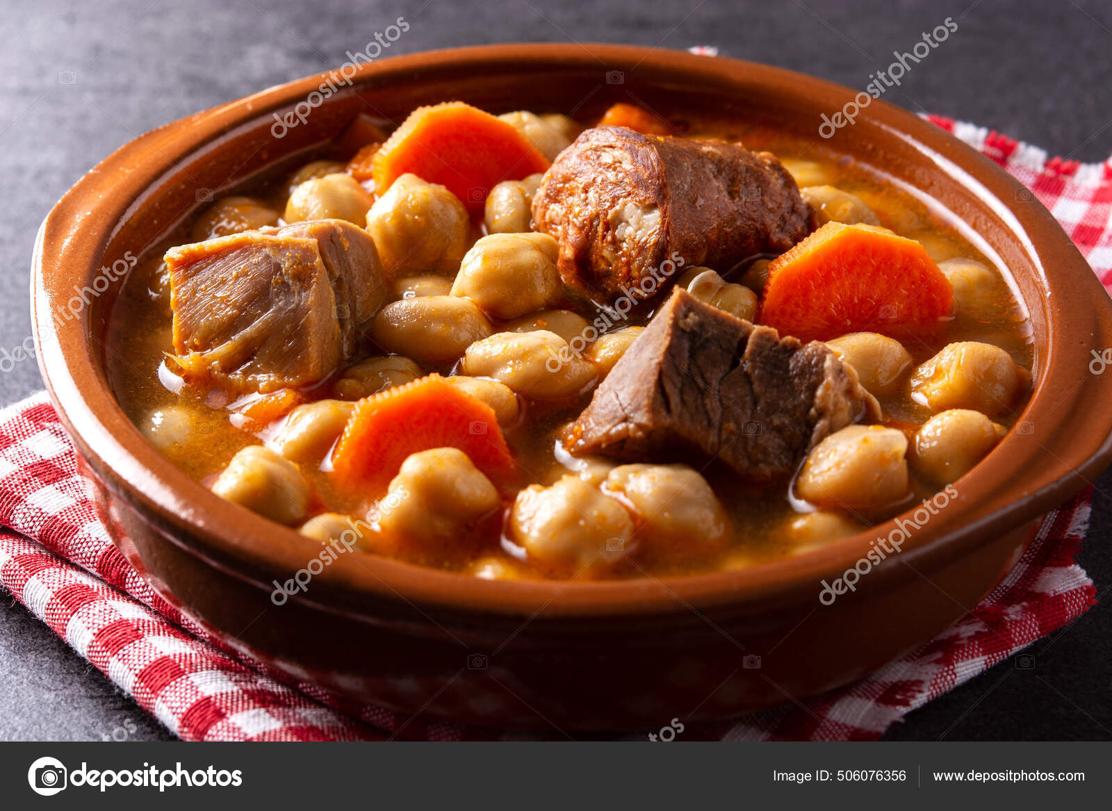 Traditional Spanish Cocido Madrileno Chickpea Stew Black Background ...
