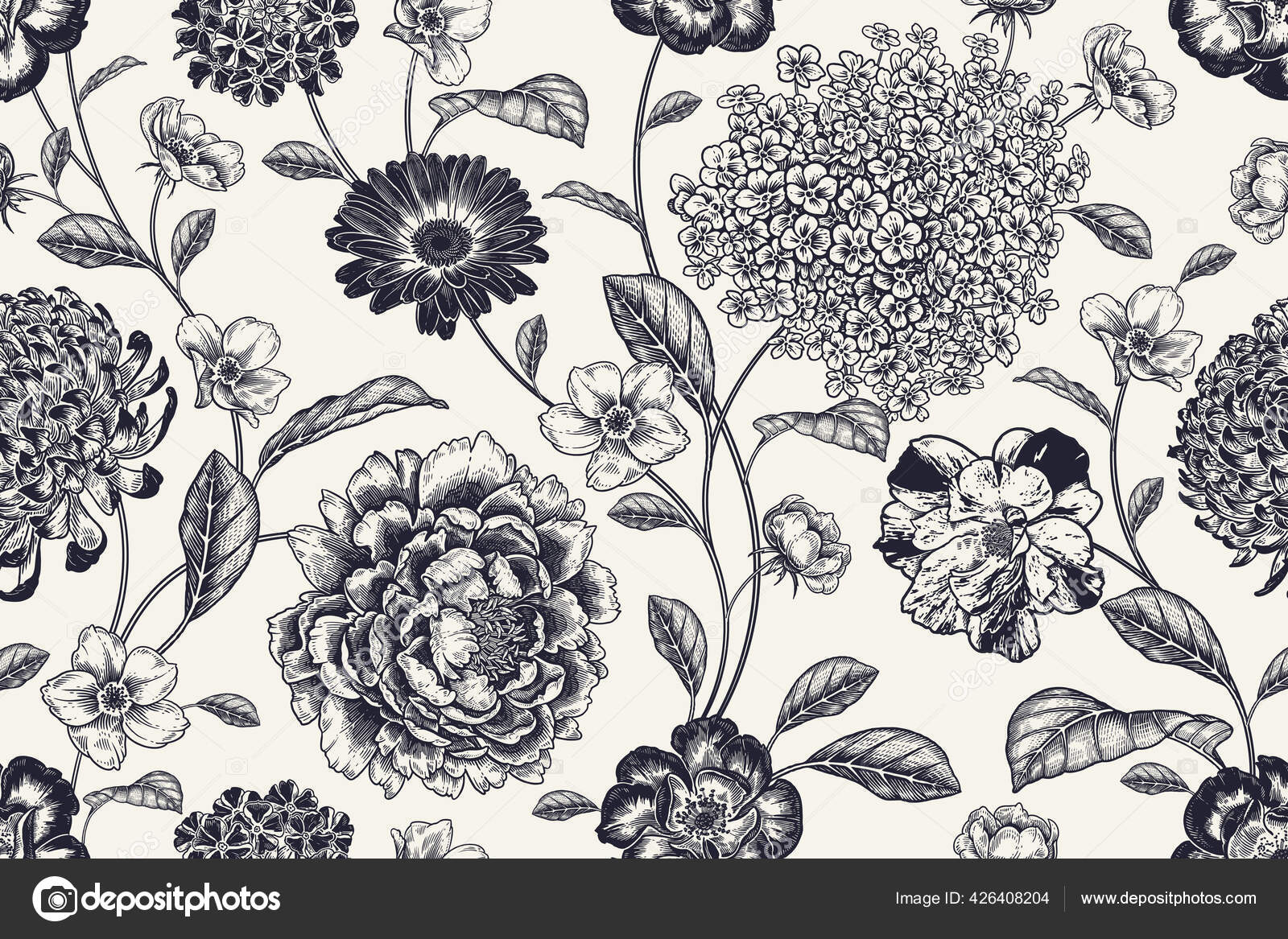 Vintage Flower Pattern Black And White