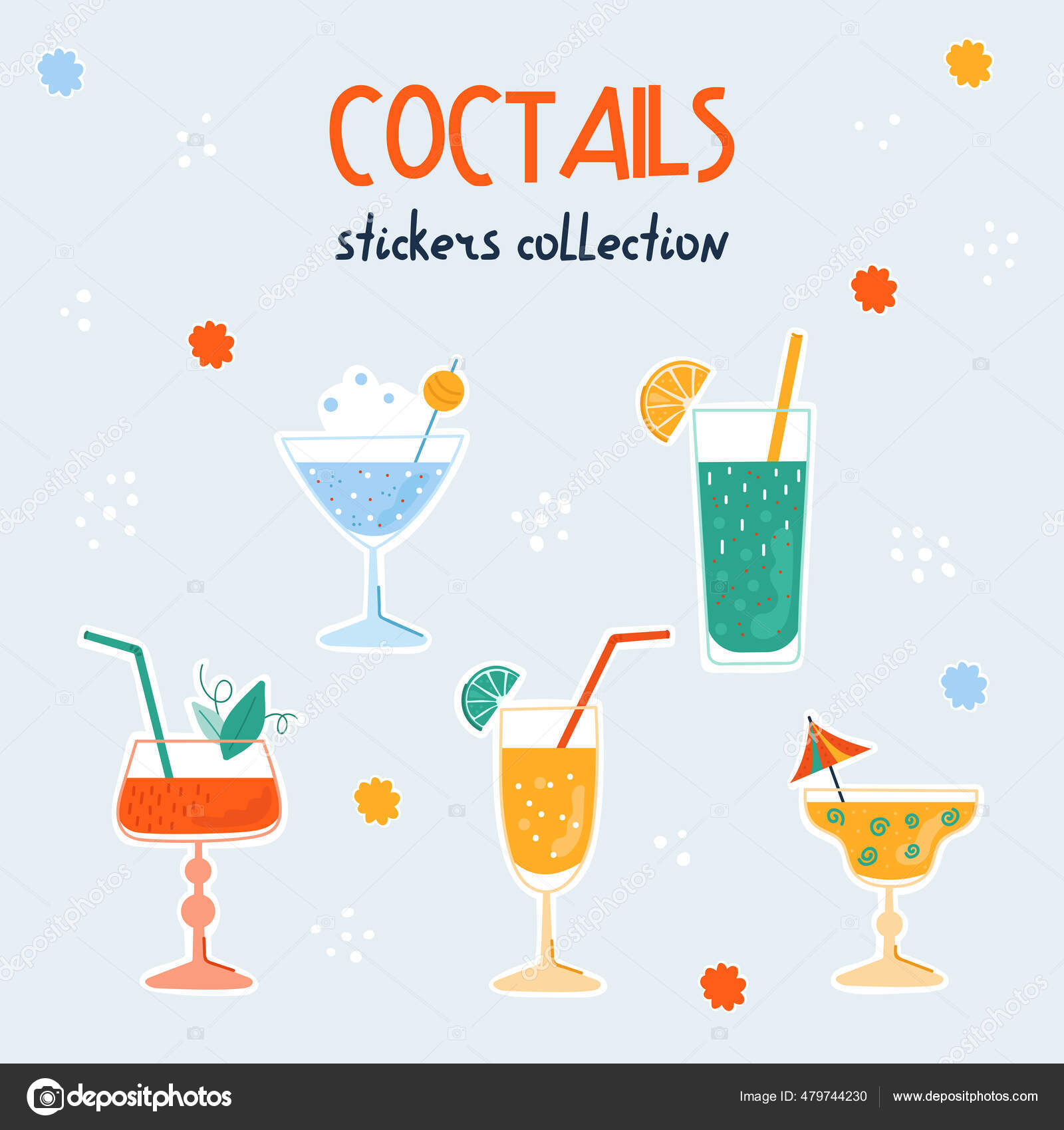 Coctails Stickers Collection Doodle Colorful Summer Set Cute Icons ...
