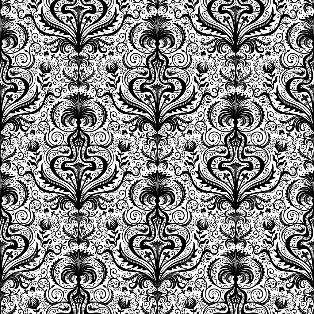 Elaborate Luxury Black Seamless Damask Floral Pattern with Flowers and ...
