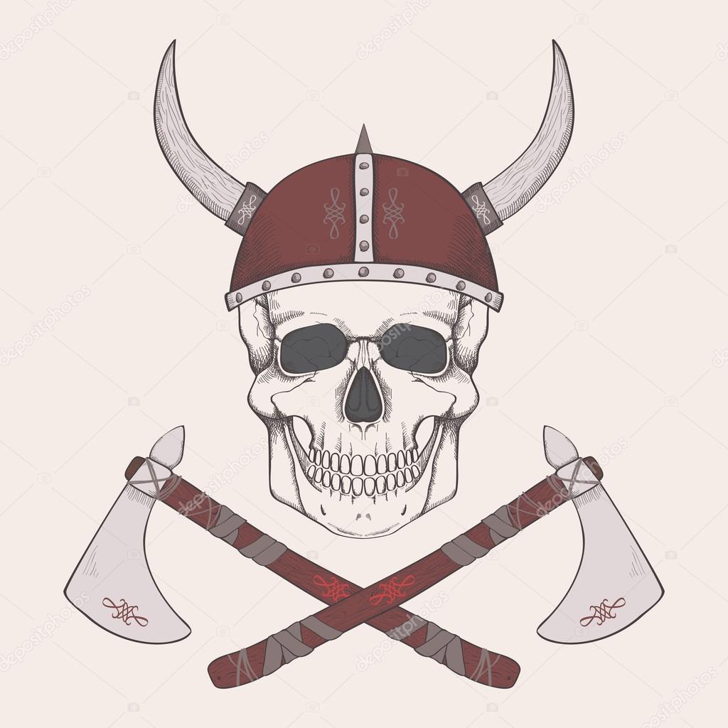 Vector illustration with axes and human skull wearing viking hel ⬇ ...