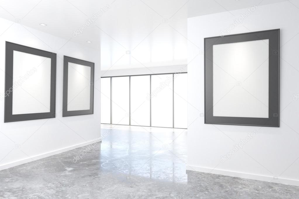 Empty bright art gallery with blank pictures on the walls, mock Stock ...