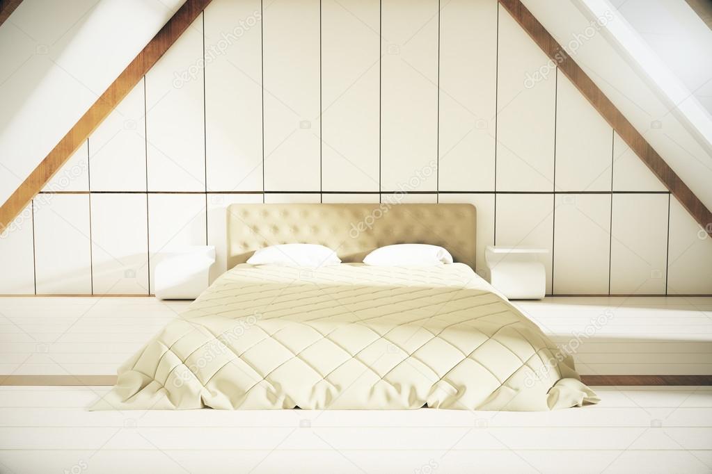 Front view of creative loft bedroom with furniture and daylight. 3D ...