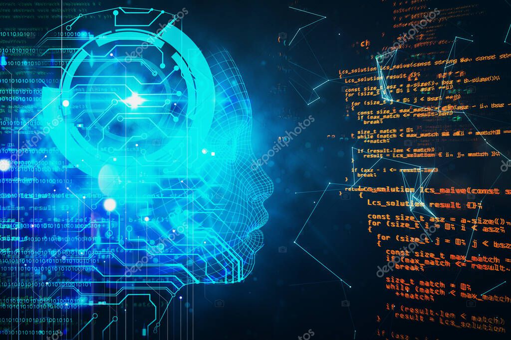 Fondo de programaci n abstracto con contorno de cabeza de robot. AI y concepto de codificaci n ...