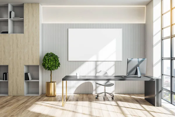 Modern director's office with blank poster on wall and bright city view ...