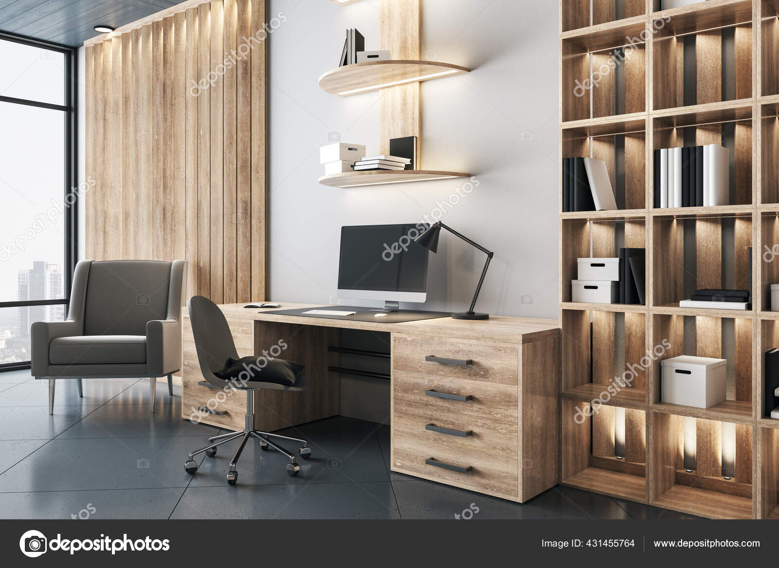 Modern Wooden Ceo Office Interior Computer Table Shelves Documents ...