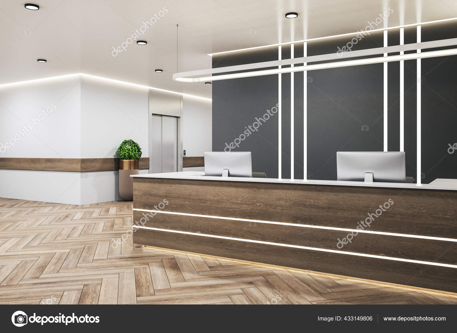 Modern Office Hall Wooden Reception Desk Elevator Workplace Corporate ...