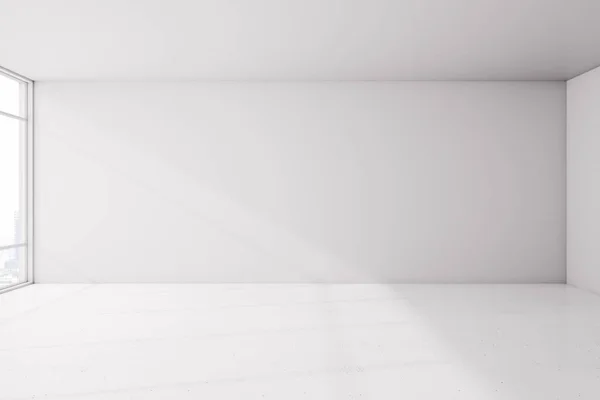 Front view on blank white sunny wall in white box hall with city view ...