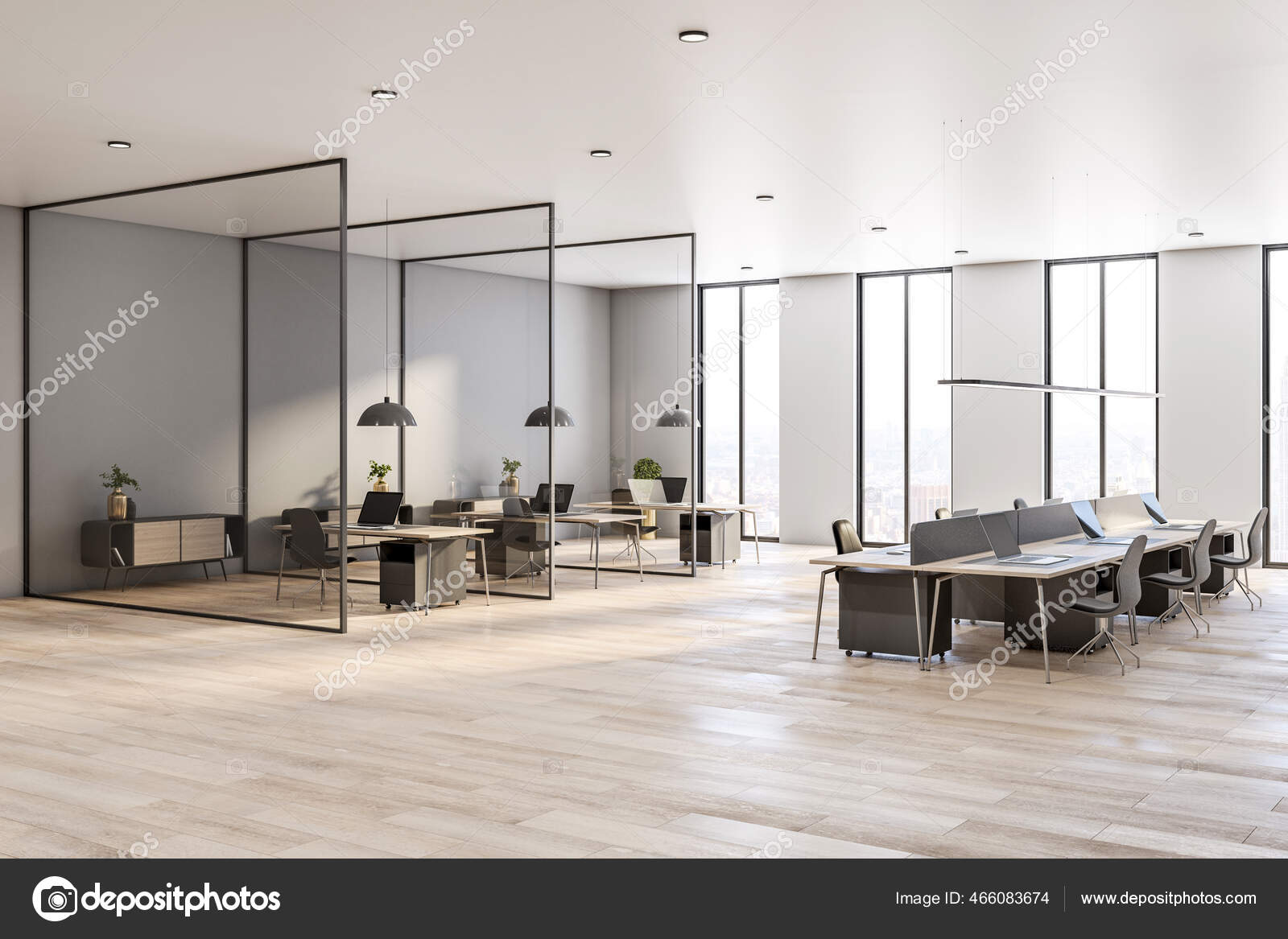 Sunny Open Space Office Room Workspaces Divided Glass Partitions City ...