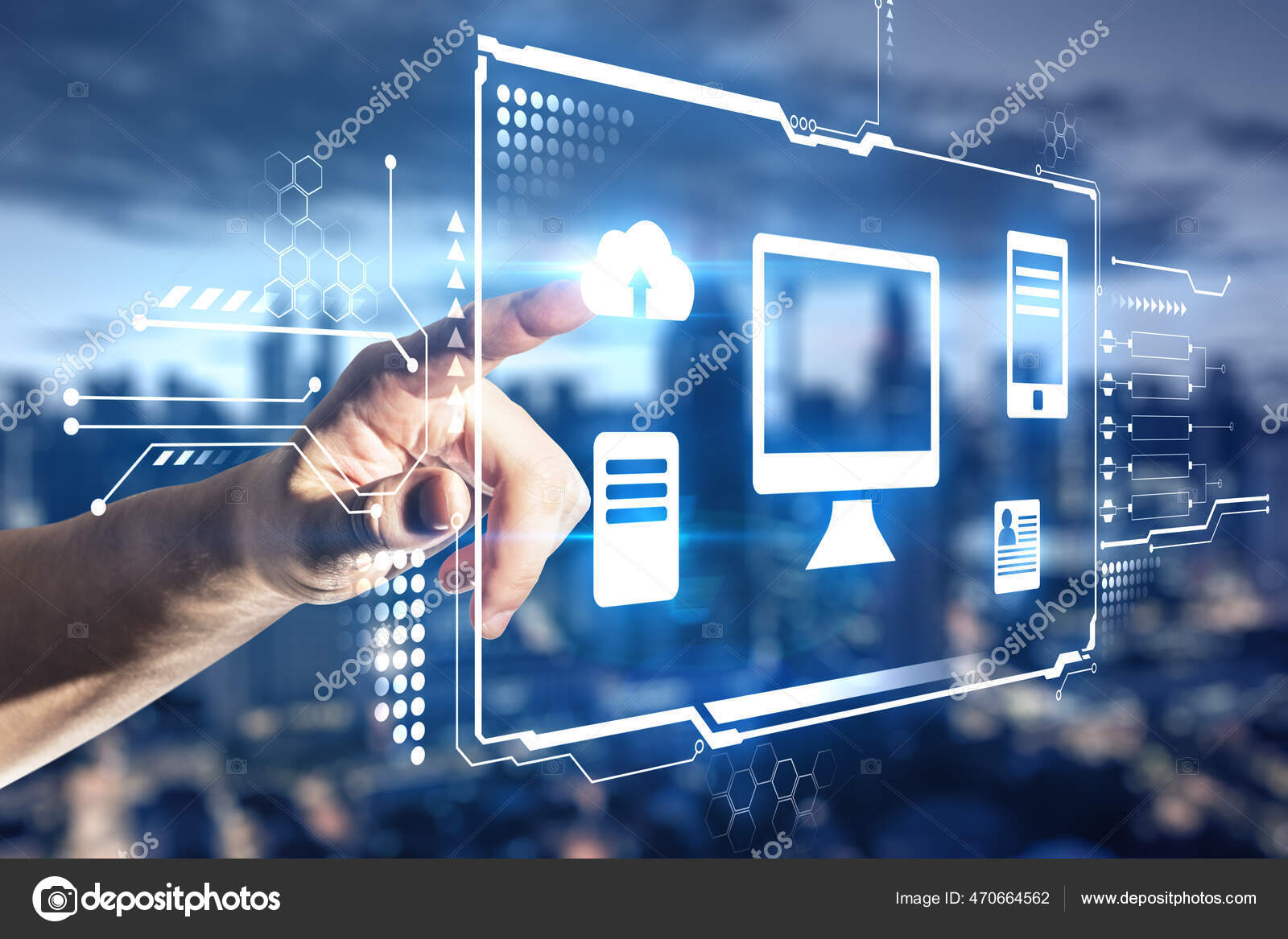 Hand Touching Hologram Desktop Different Icons City View Background Big ...