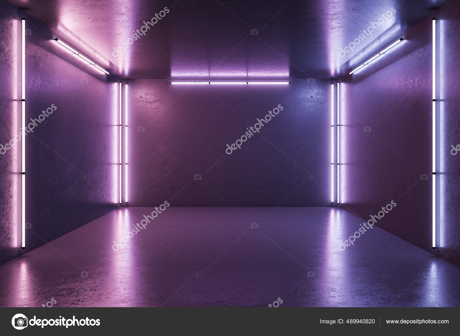Front View Dark Futuristic Style Empty Gallery Glossy Floor Purple ...
