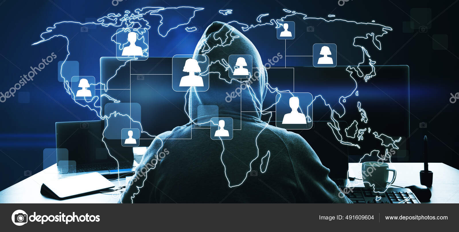 Vista Posterior Hacker Escritorio Usando Computadoras Con Mapa ...