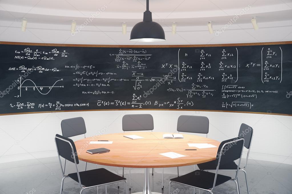 Modern classroom with blackboard with equations and furniture — Stock ...