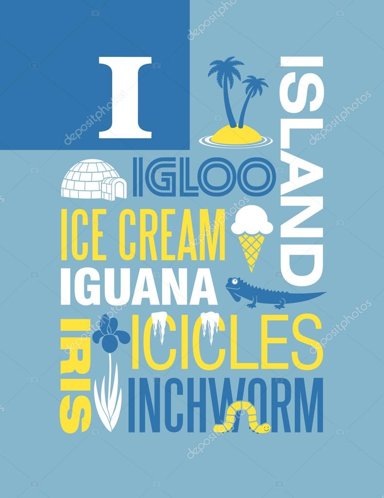 Letra I tipografía ilustración alfabeto cartel diseño con palabras que ...