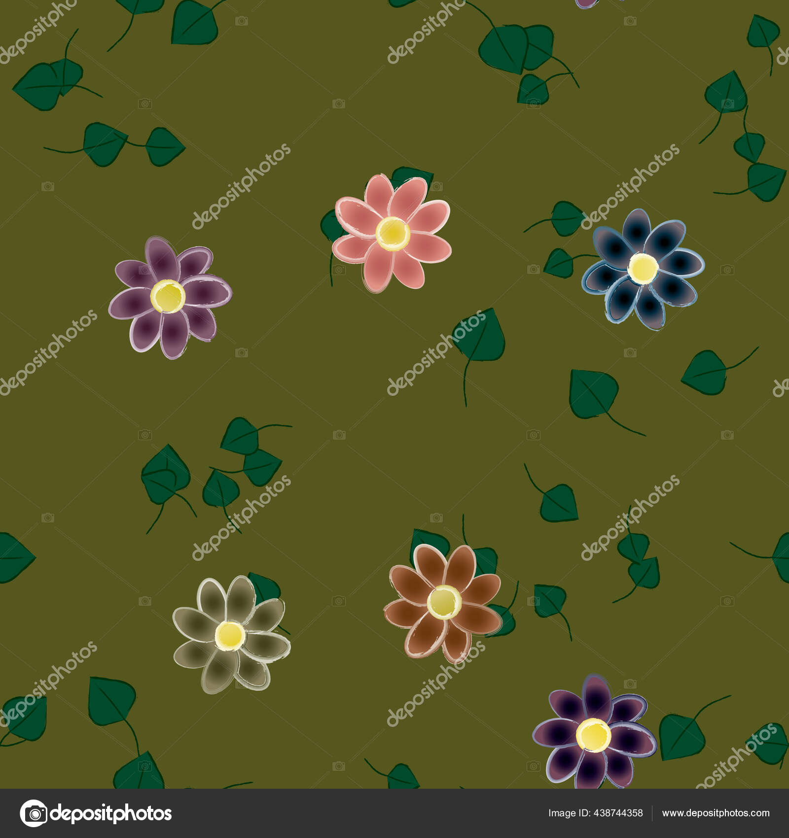 Seamless Pattern Simple Colorful Flowers Green Leaves Wallpaper Vector ...
