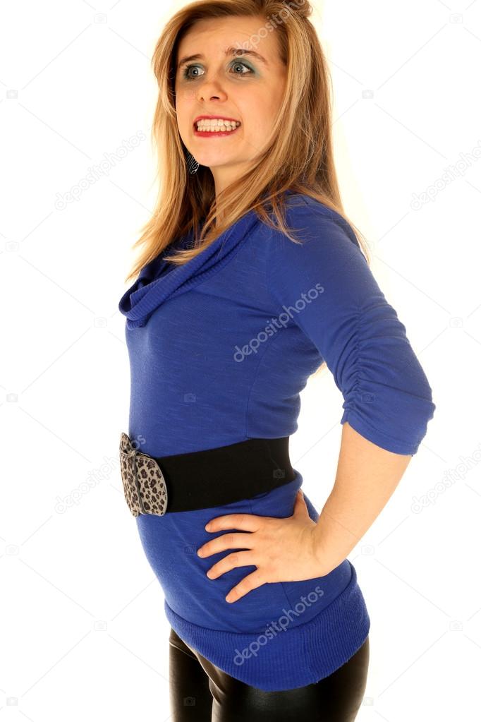 Young woman standing with a huge cheesy grin — Stock Photo © sixdays24 ...