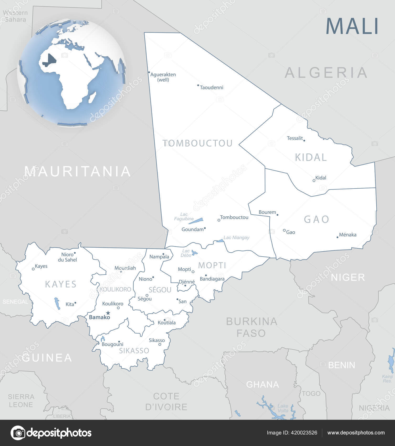 Blue Gray Detailed Map Mali Administrative Divisions Location Globe ...