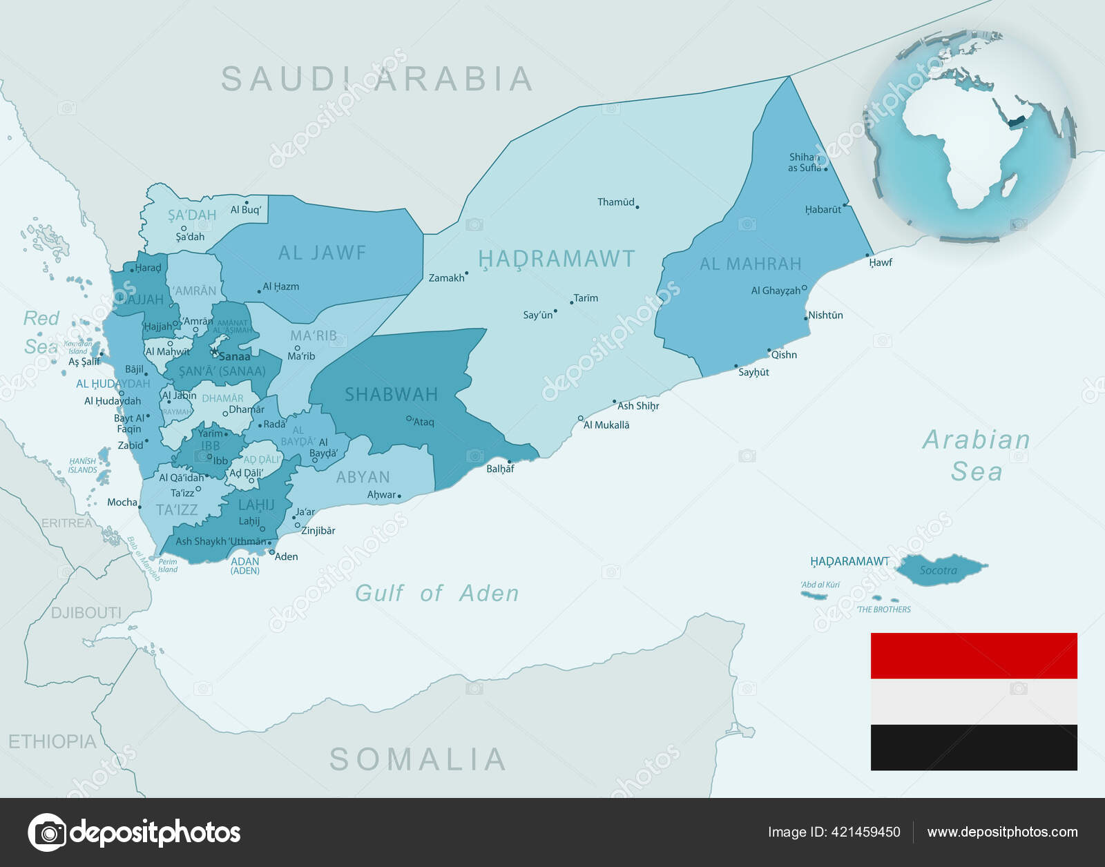 Mapa Detallado Azul Verde Las Divisiones Administrativas Yemen Con ...