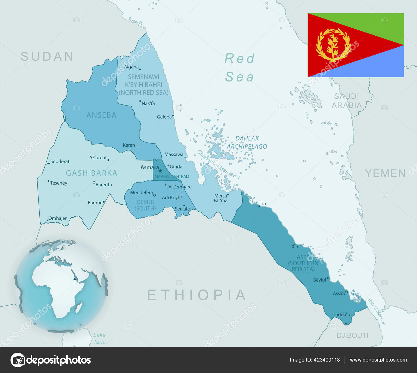 Mapa Detallado Azul Verde Las Divisiones Administrativas Eritrea Con ...