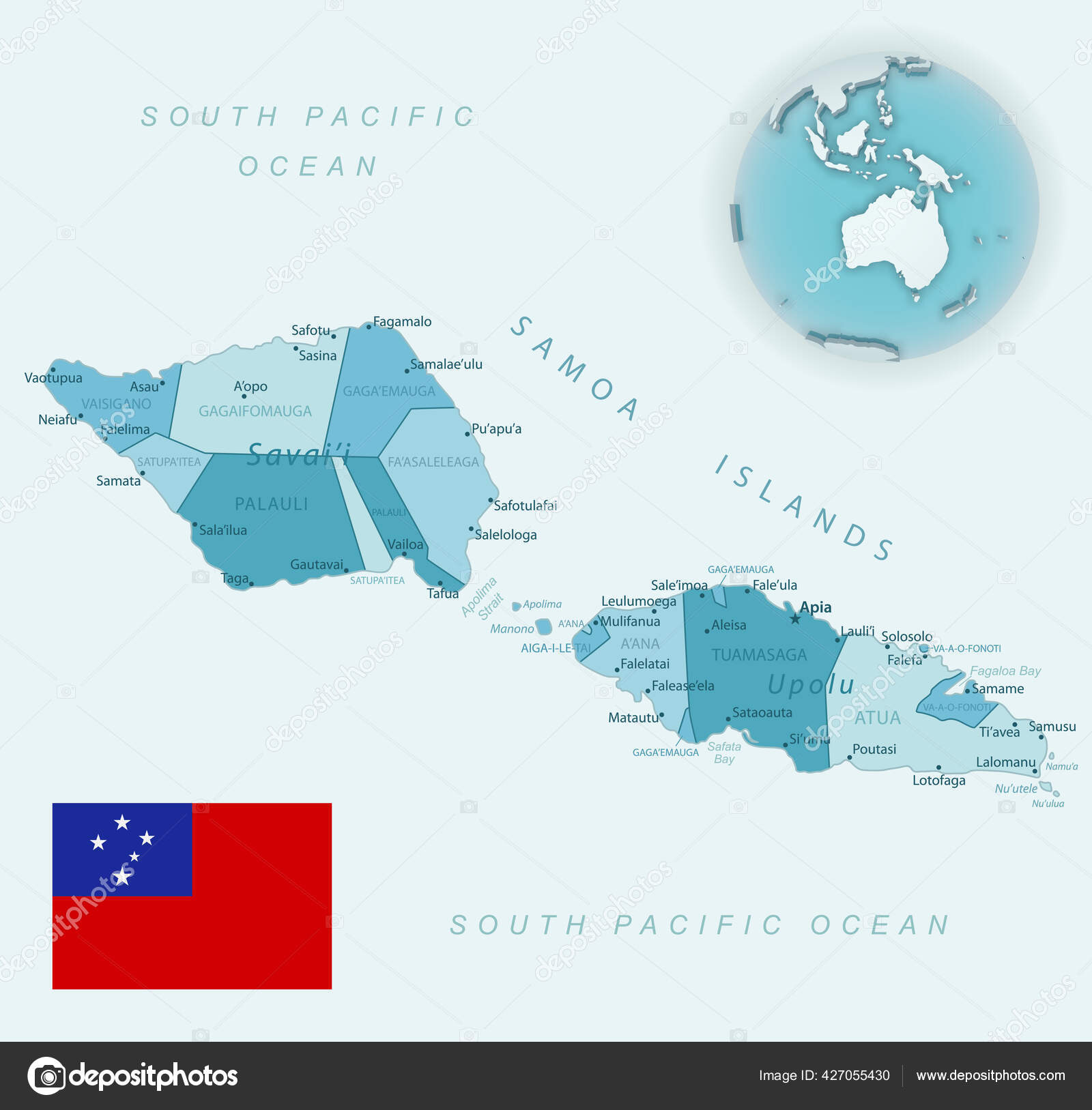 Mapa Detalhado Azul Verde Das Divisões Administrativas Samoa Com ...