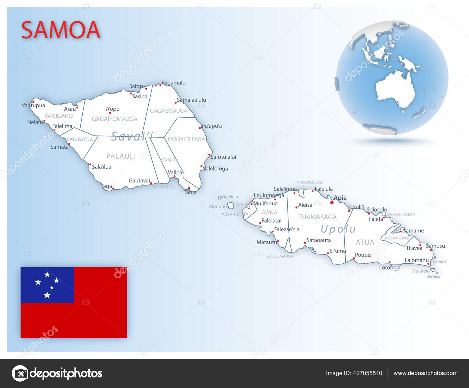Mapa Administrativo Detalhado Samoa Com Bandeira País Localização Globo ...