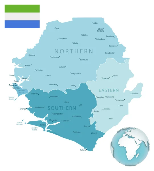 Mapa administrativo azul-verde de Sierra Leona con bandera de país y ubicación en un globo ...