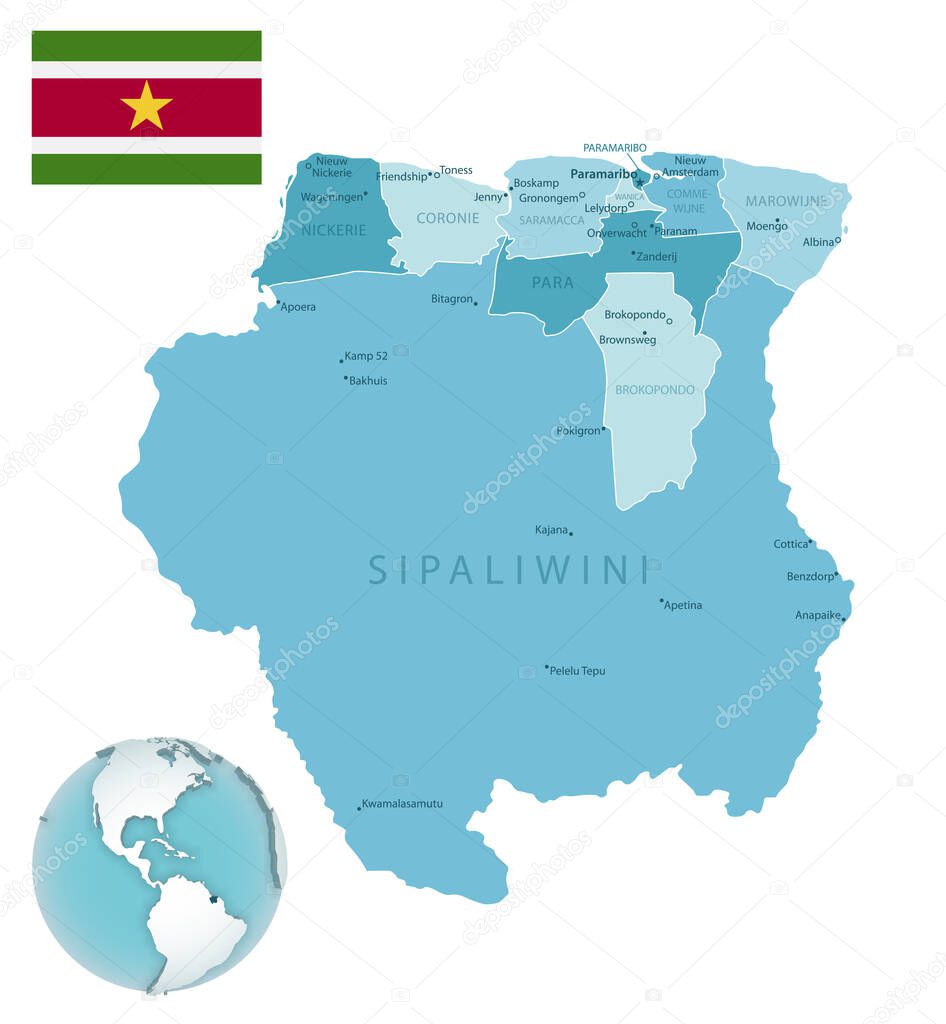 Surinam mapa administrativo azul-verde con la bandera del pa s y la ubicaci n en un globo ...