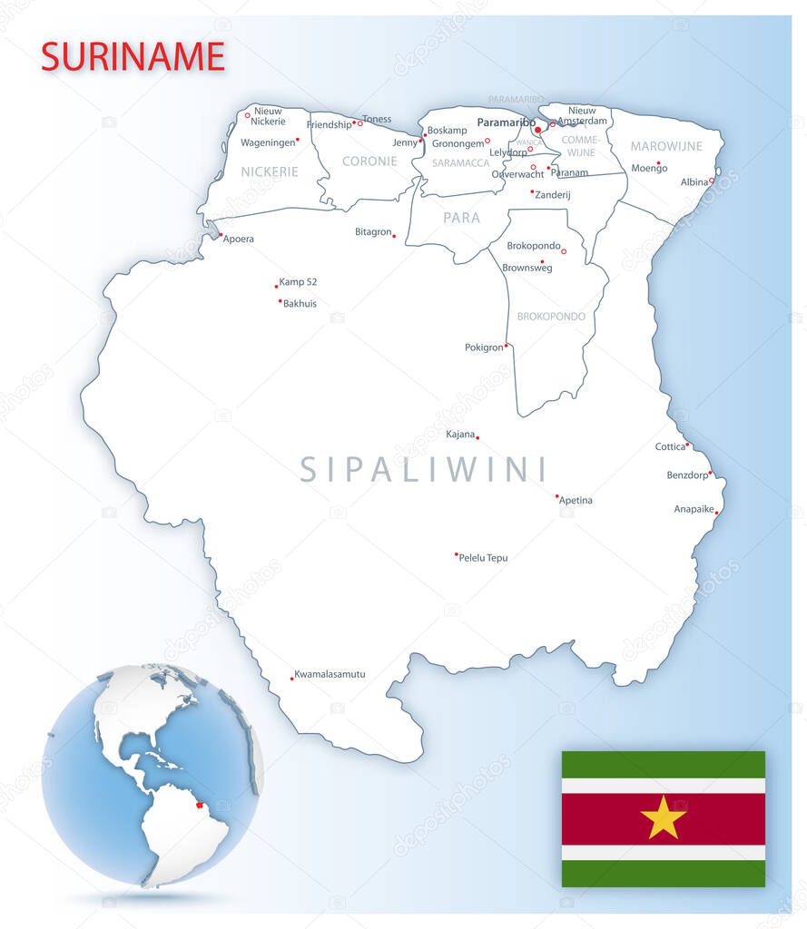 Mapa administrativo detallado de Surinam con bandera del país y ubicación en un globo azul ...