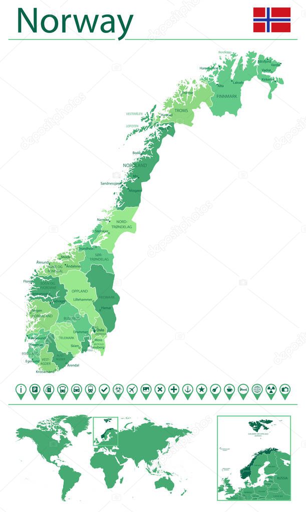 Noruega mapa detallado y bandera. Noruega en el mapa del mundo. 2022