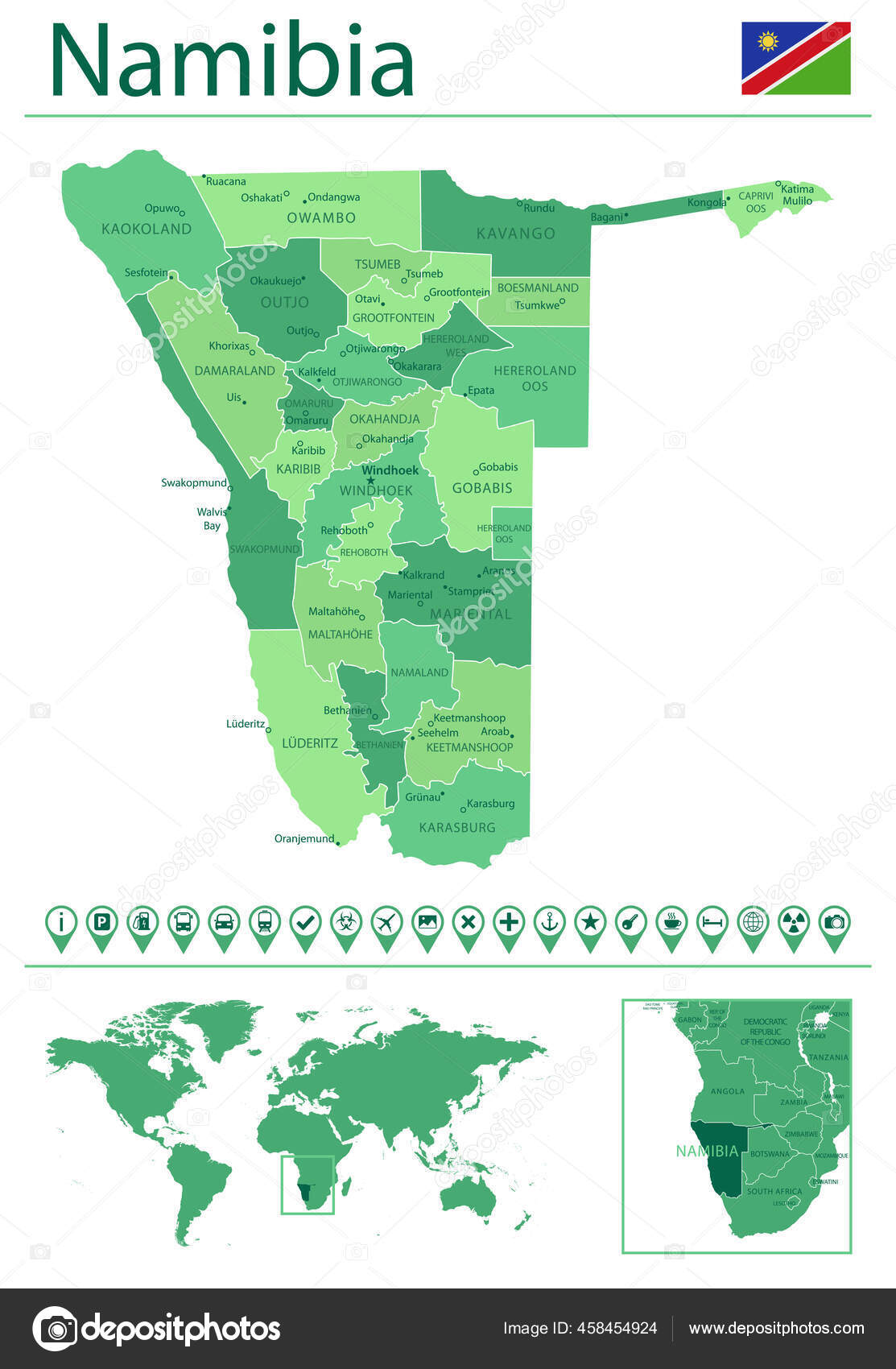 Mapa Detallado Namibia Con Bandera País Ubicación Mapa Del Mundo Vector ...