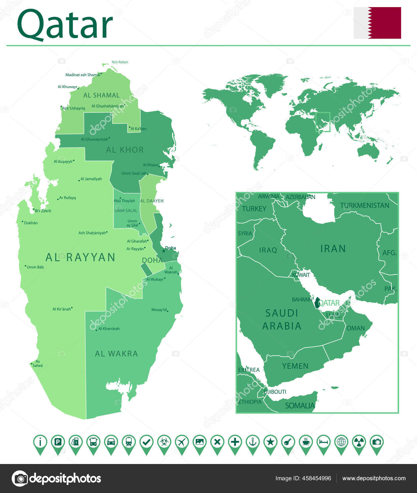 Mapa Detallado Qatar Con Bandera País Ubicación Mapa Del Mundo Vector ...