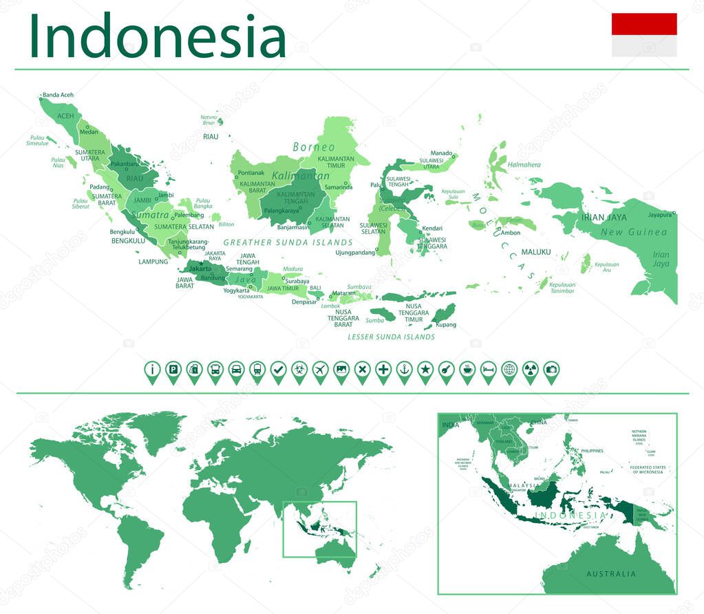 Mapa detallado de Indonesia con la bandera de país y ubicación en el ...
