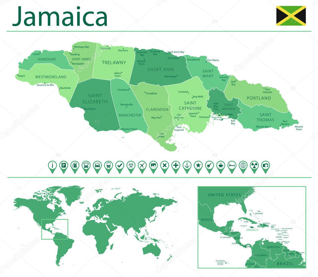 Mapa detallado de Jamaica con la bandera de país y ubicación en el mapa ...