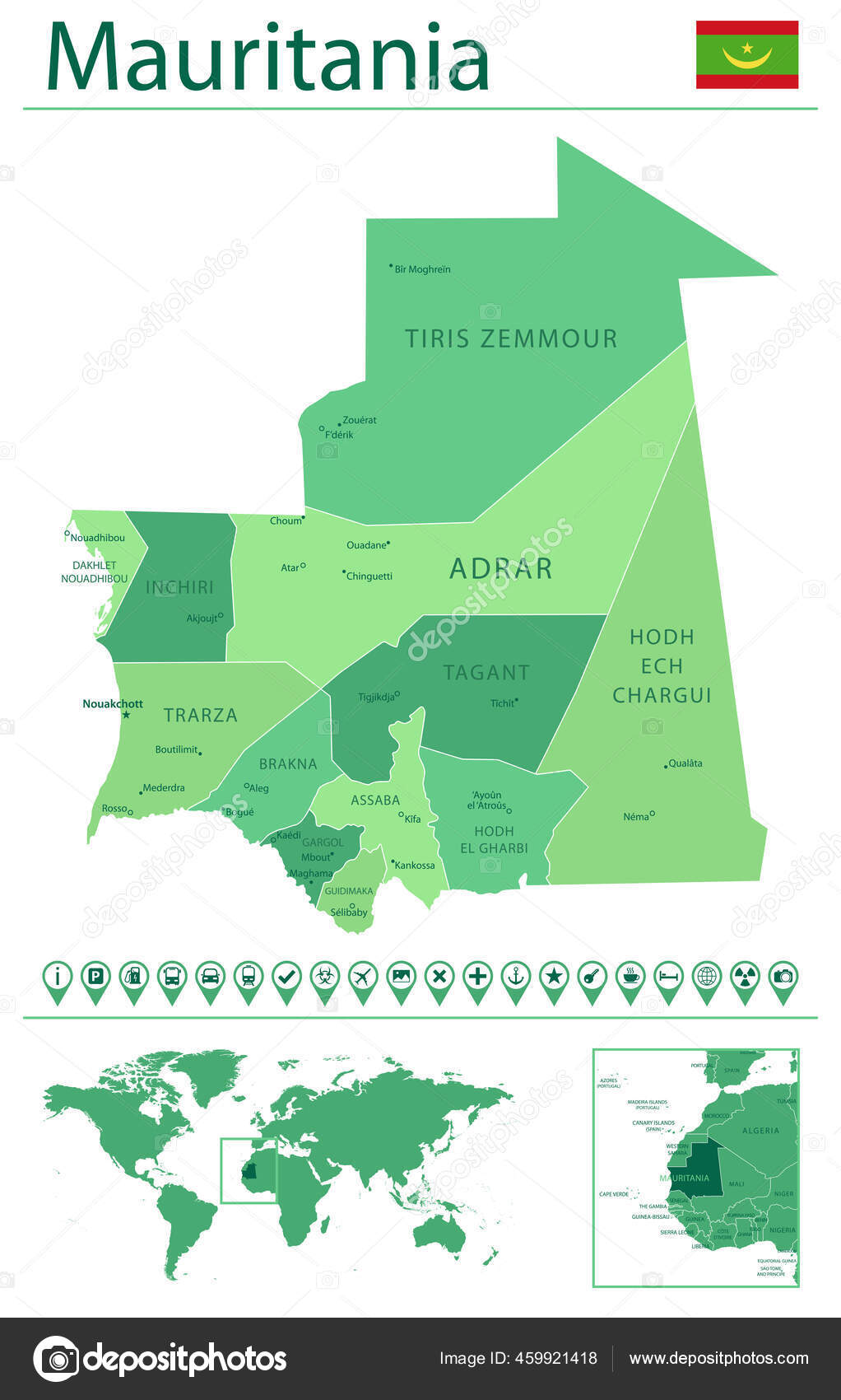 Detailed Map Mauritania Country Flag Location World Map Vector ...
