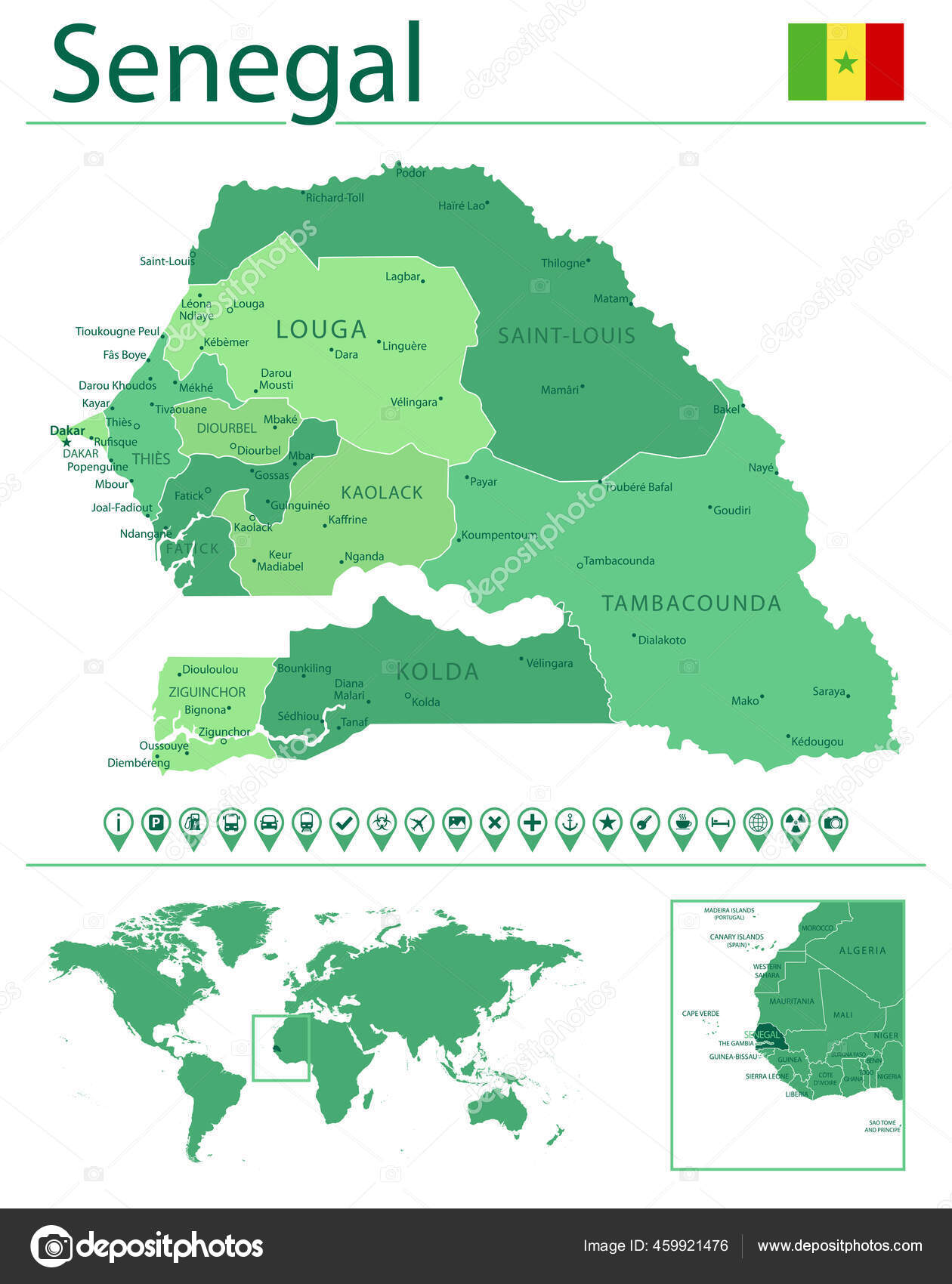 Image vectorielle Detailed Map Senegal Country Flag Location World Map ...