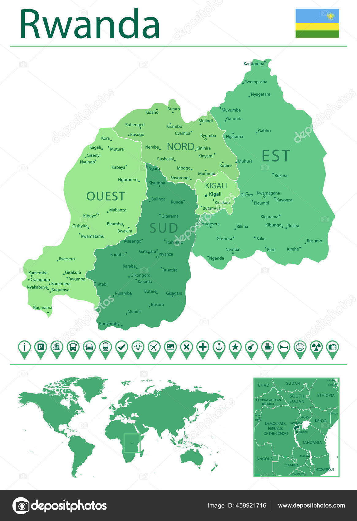 Detailed Map Rwanda Country Flag Location World Map Vector Illustration ...