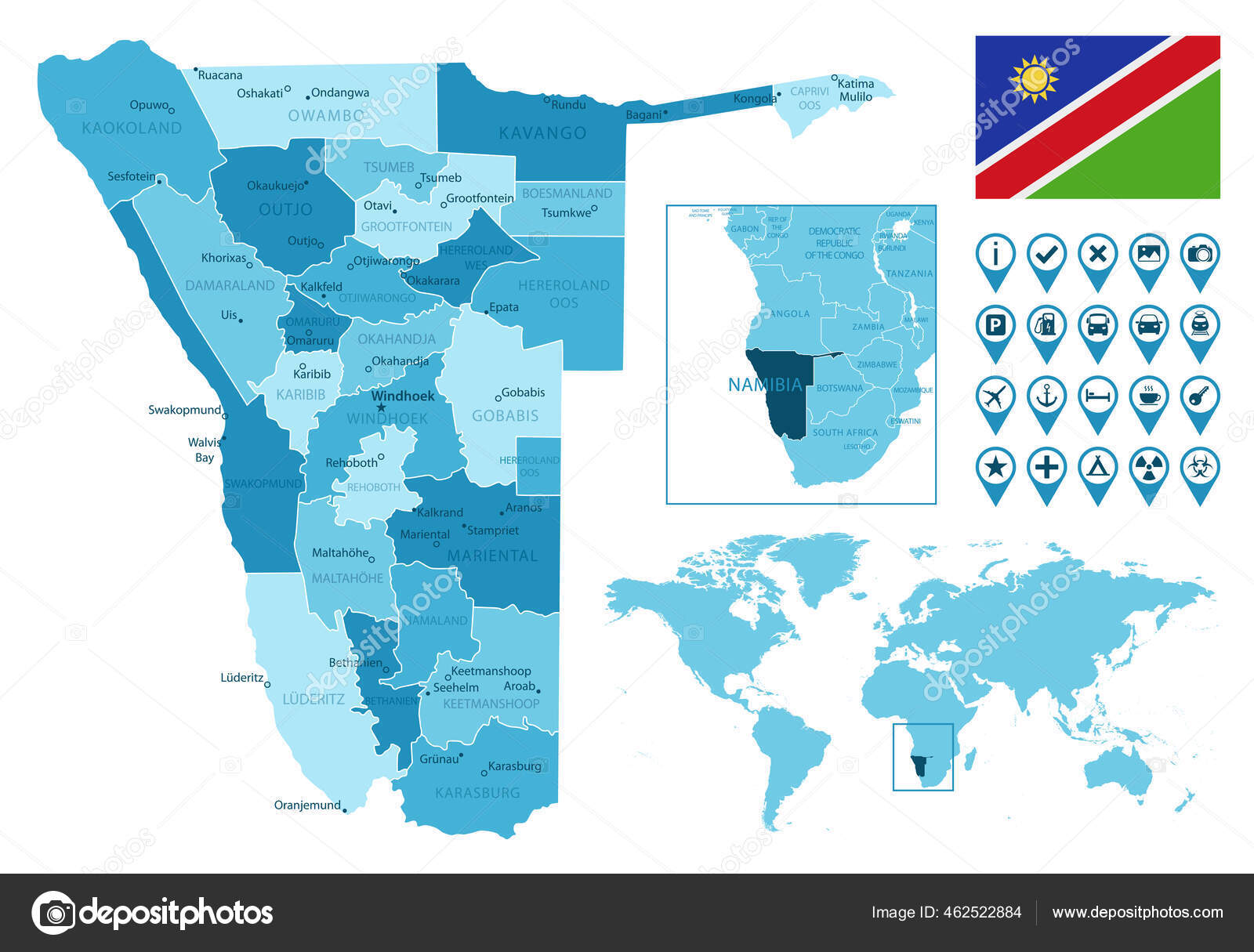 Namibia mapa azul administrativo detallado con bandera del país y ...