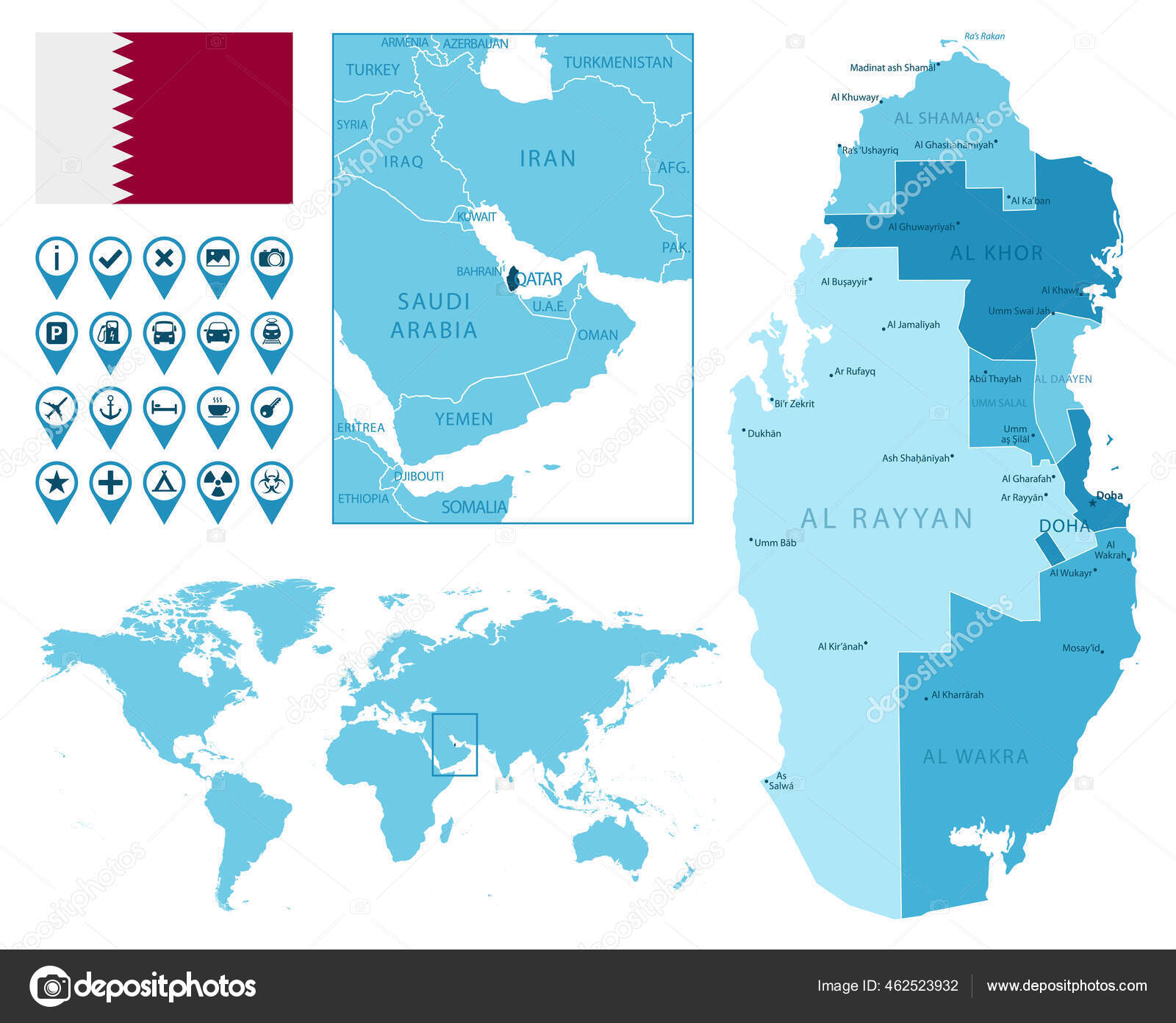 Qatar mapa azul administrativo detallado con bandera del país y ...